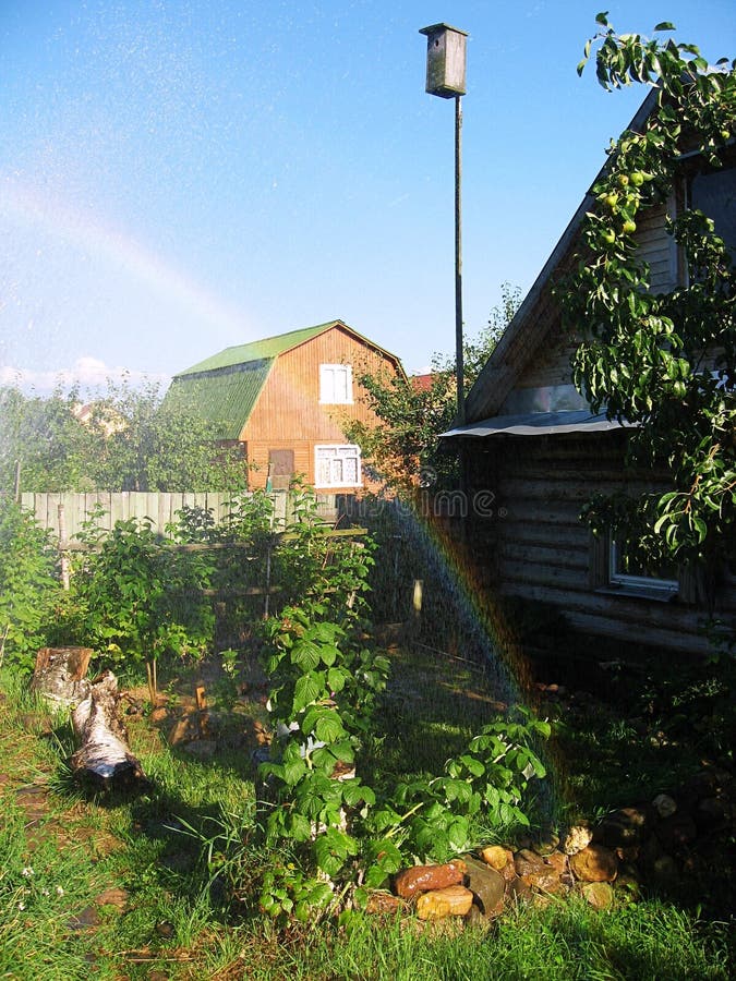 Rainbow Over Garden Wooden House Countryside Background Russia Stock ...