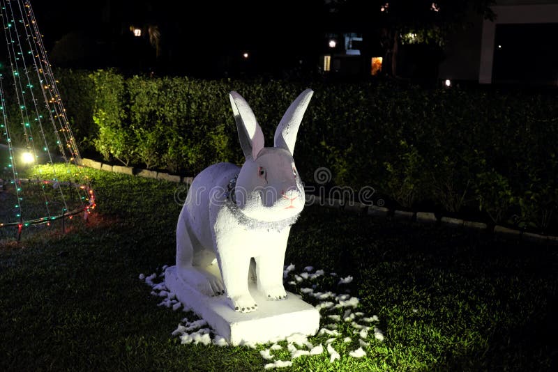 Garden Figure in the Form of a White Rabbit. White Rabbit on a Green ...