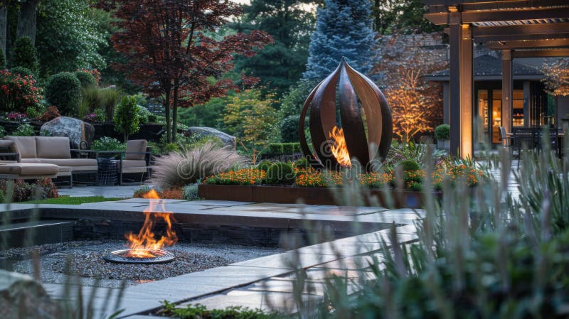 Garden with Fire Pit Surrounded by Greenery Stock Image - Image of ...