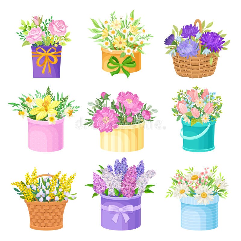 Garden Flowers in Baskets and Carton Boxes Vector Set Stock Vector ...