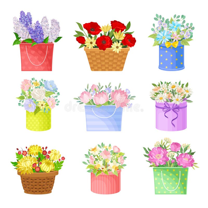 Garden Flowers in Baskets and Carton Boxes Vector Set Stock Vector ...