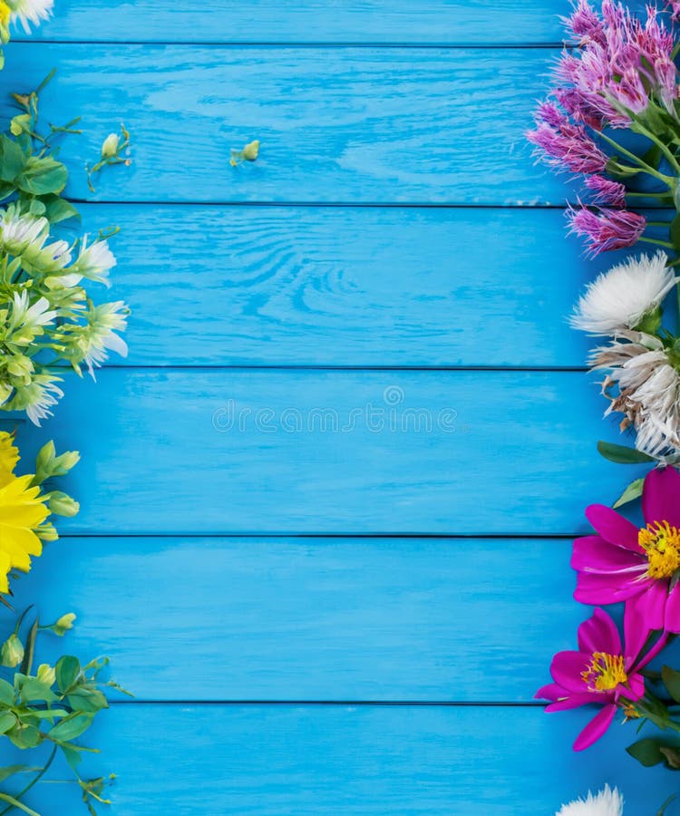 Garden Flowers Over Blue Wooden Table Background. Backdrop Stock Image ...