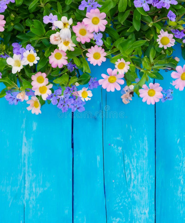 Garden Flowers Over Blue Wooden Table Background. Backdrop Stock Image ...