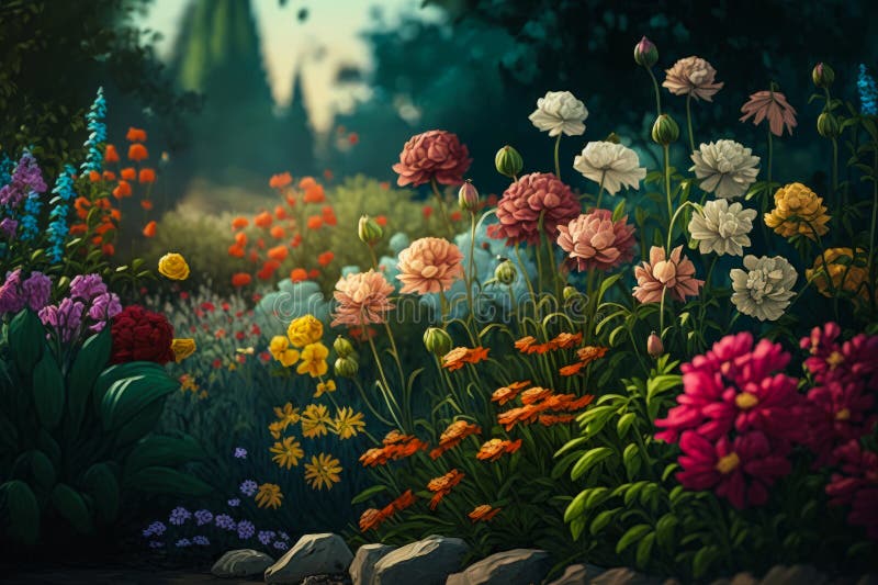 Garden with Flowers and Rocks. Generative AI Stock Illustration ... Garden with Flowers and Rocks. Generative AI Stock Illustration ...