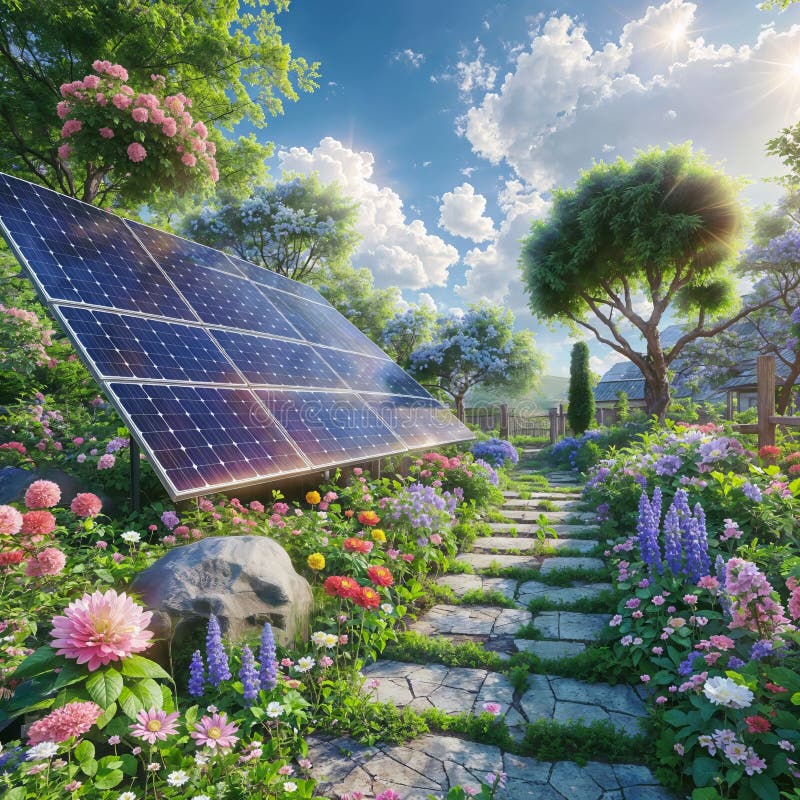 A Garden Scene with Flowers, Trees, and a Solitary Solar Panel ...