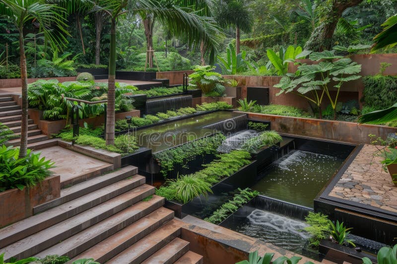 A Garden Full of Various Plants and Water Features on Multilevel ...