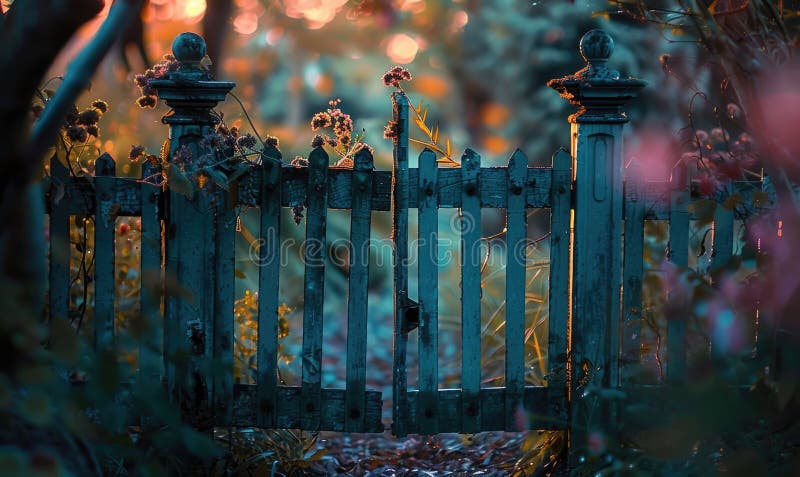 Garden Gate at Sunset with Red Roses and Sun in the Sky Stock Photo ...