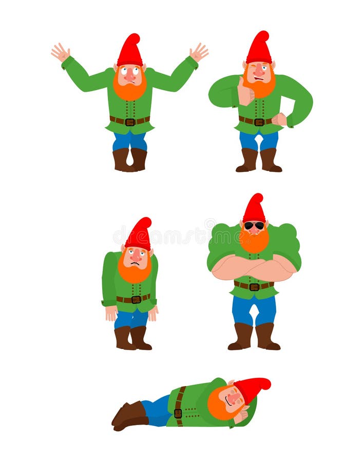 Garden Gnome Set Poses. Dwarf Happy. Sleeping and Angry. Guilty and Sad ...