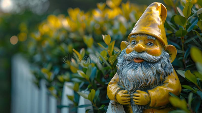 A Garden Gnome Standing Amidst Green Foliage. Stock Photo - Image of ...