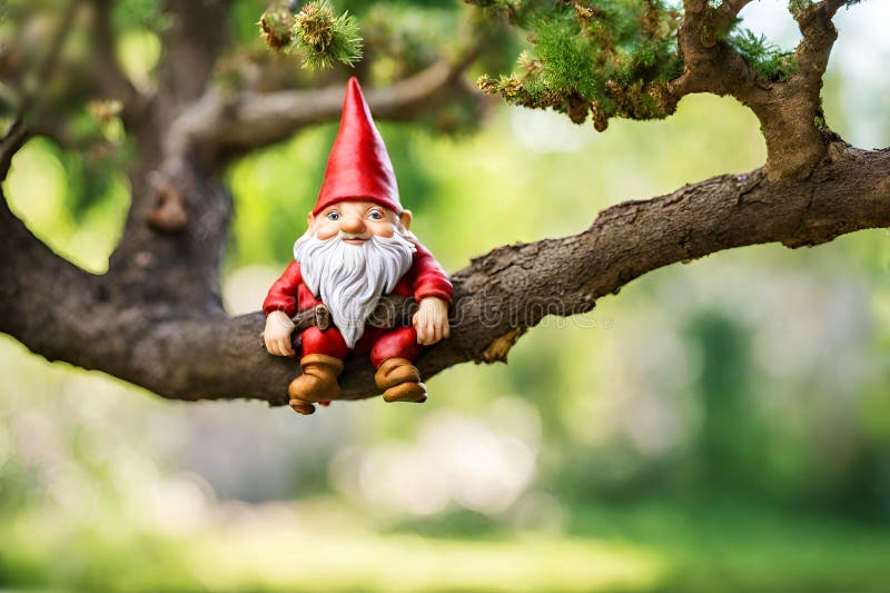 Garden Gnome on a Tree Branch. Stock Illustration - Illustration of ...