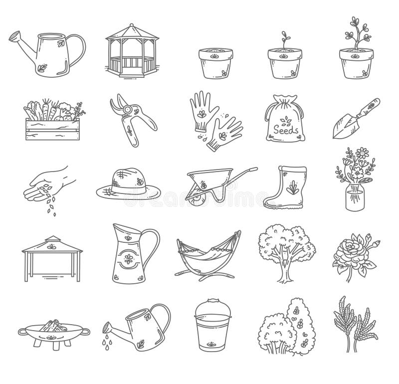 25 Beautiful Hand Drawn Garden Icon Set Vector Illustration, Gardening ...