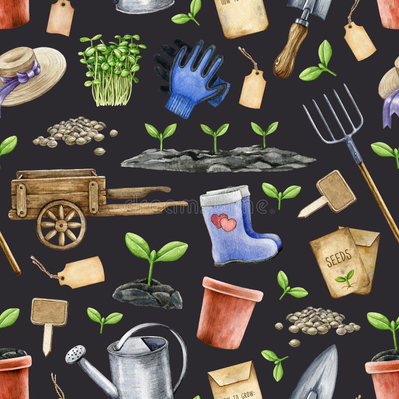 Garden Instruments Seamless Pattern. Watercolor Illustration. Hand ... Garden Instruments Seamless Pattern. Watercolor Illustration. Hand ...
