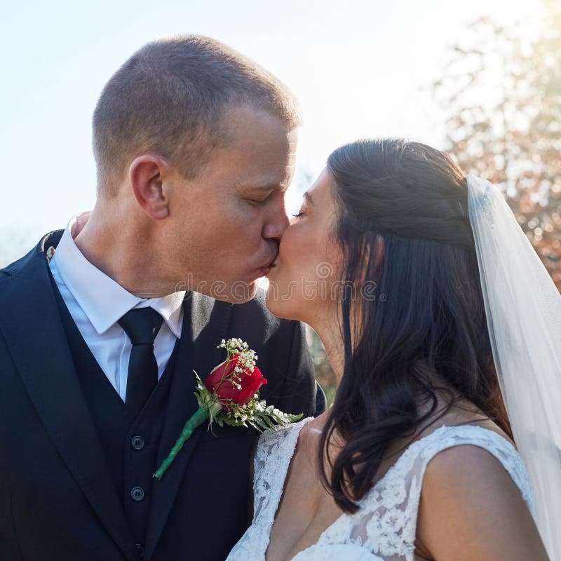 Garden Kiss And Bride With Groom Wedding And Love With Romance Or