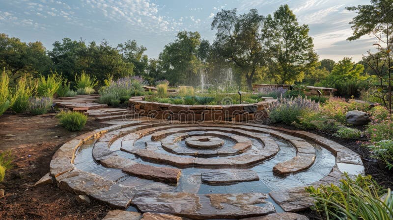 A Garden Labyrinth with a Fountain Centerpiece Stock Photo - Image of ...