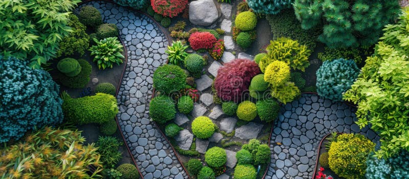 Garden Landscape with Rocks and Trees Stock Photo - Image of ...