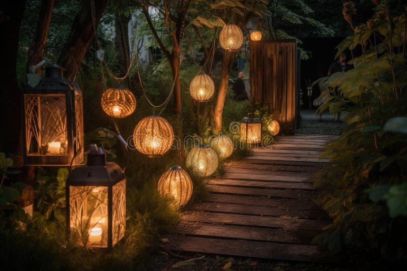 Garden with Lanterns and String Lights Illuminated at Night, Creating ...
