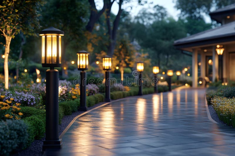 Garden Lights Illuminating Path at Dusk Leading To House Stock ...