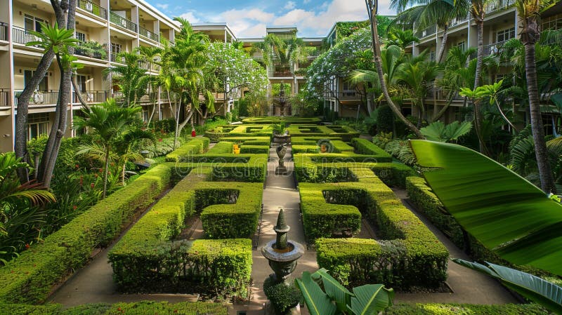 Garden Maze Features Intricate Design in Hotel Setting Stock ...