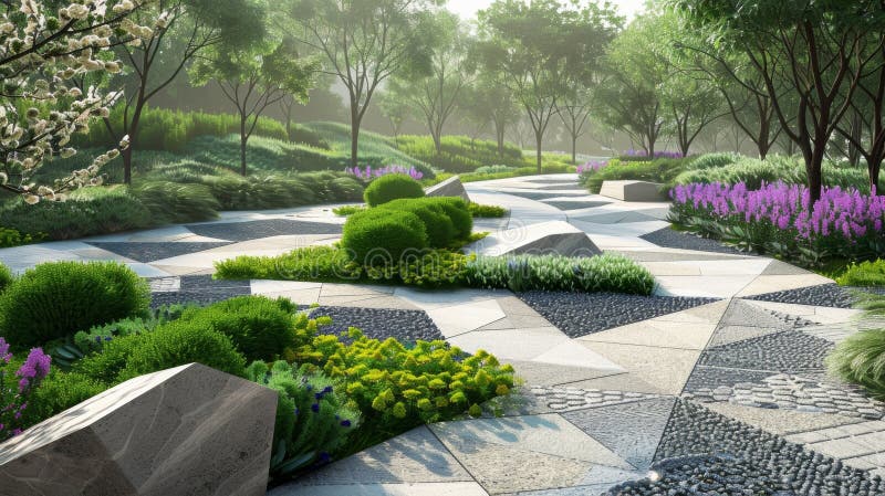 A Garden with a Mix of Geometric Shapes Including Triangles Circles ...