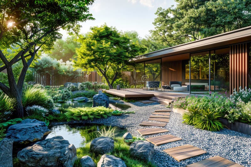 Garden with Naturalistic Design Yard Landscaping Stock Illustration ...