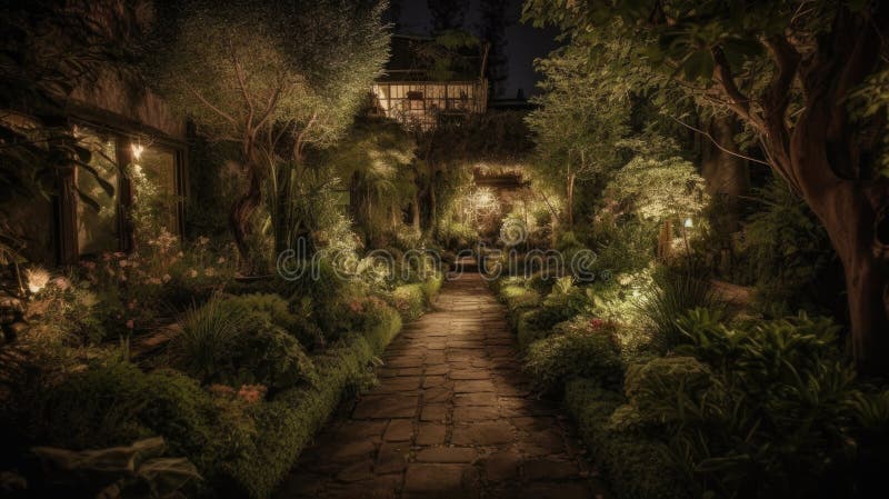 Garden at Night with Lighted Lanterns and Flowers in the Foreground ...
