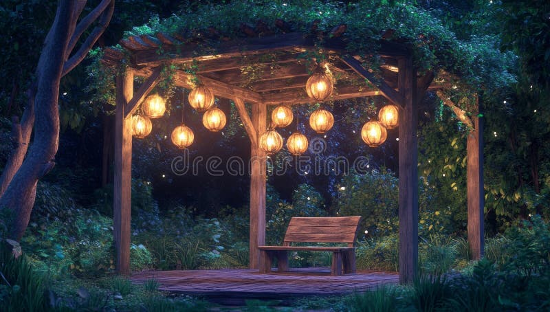 The Garden Oasis is Softly Lit by Warm Lanterns, with a Cozy Bench ...