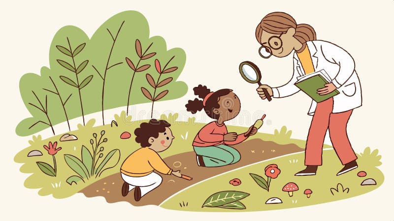 Garden Observation with Magnifier: Children Observing Garden with ...