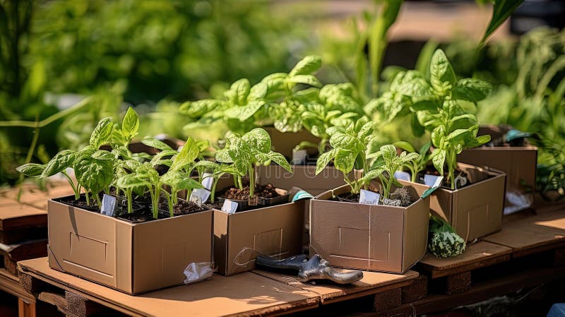 Garden in Old Shoe Boxes: Processing Packaging in Pots Stock ...