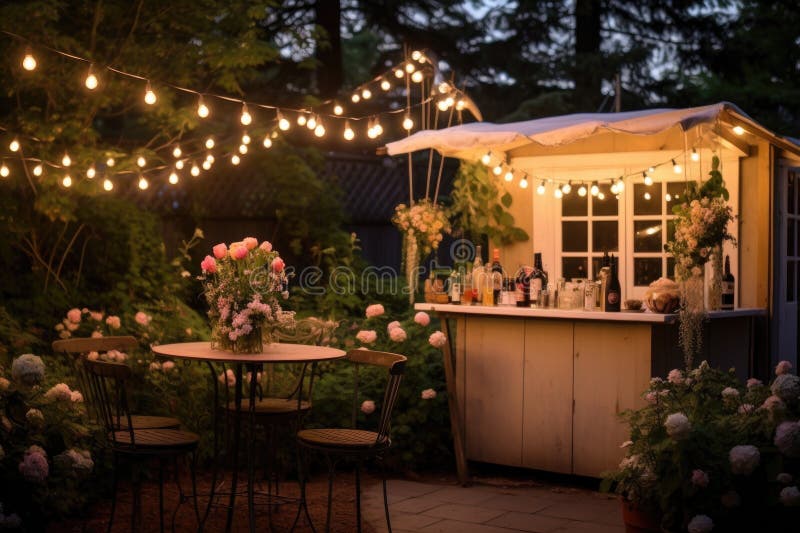Garden Party Setup with Amaretto Cocktails and String Lights Stock ...