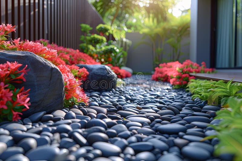 Garden Path with a Black Gravel and Red Flowers Stock Illustration ...
