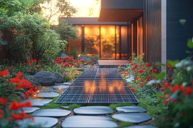 Garden Path with a Black Tile Walkway and a Stone Border. Stock Image ...