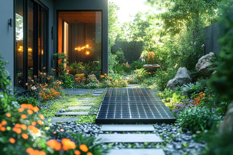Garden Path with a Black Tile Walkway and a Stone Border Stock Image ...