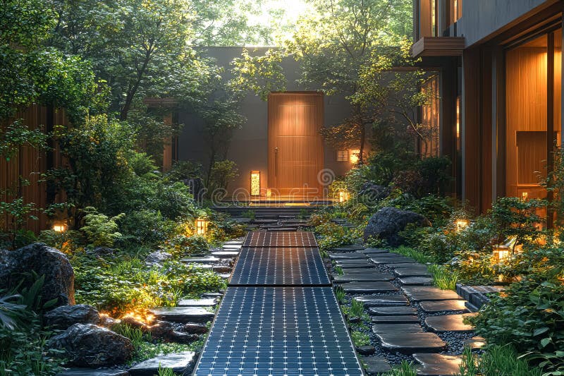 Garden Path with a Black Tile Walkway and a Stone Border. Stock Photo ...