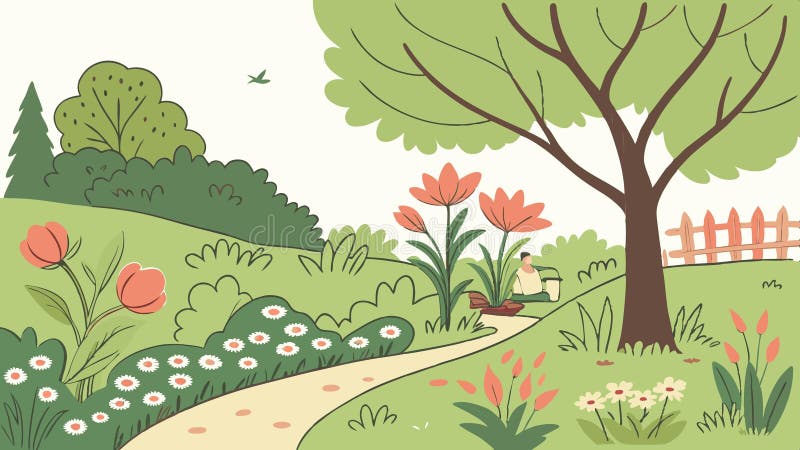 Garden Path with Flowers, Peaceful Backyard Scene Vector Design ...