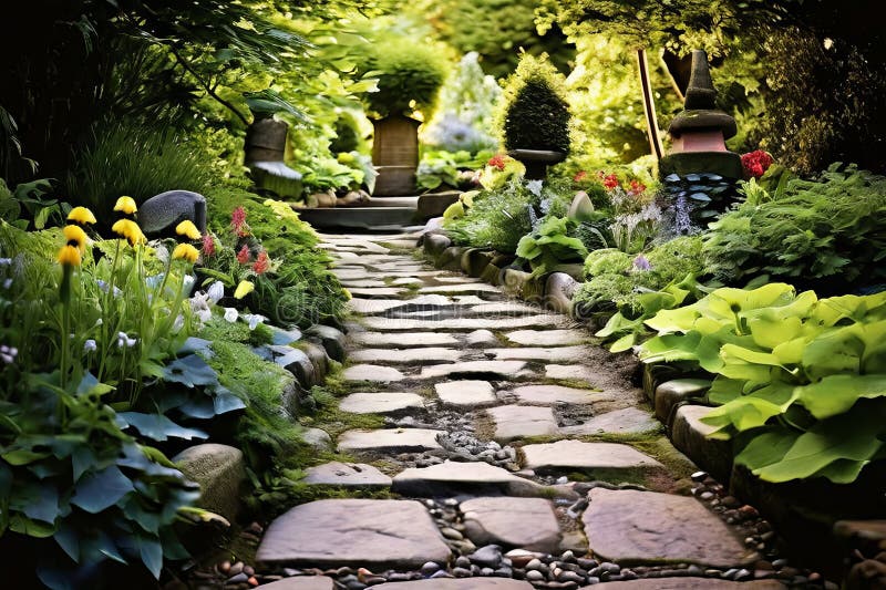 Garden Path a Garden Path Lined with Stones Each Engraved with a Stock ...