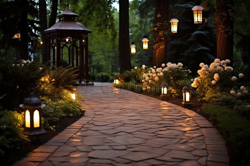 Garden Path Illuminated by Lanterns. Landscape Design Stock Image ...