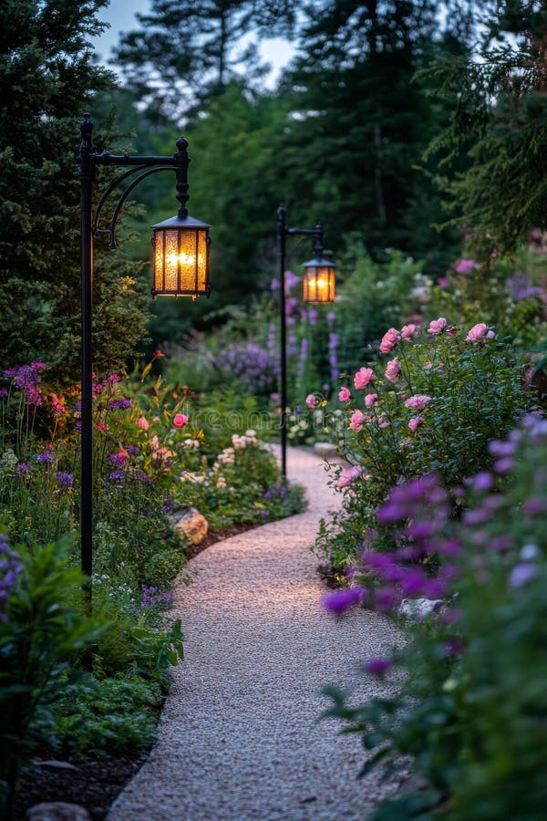 A Garden Path, Illuminated by Lanterns, Sets a Tranquil Mood. Stock ...