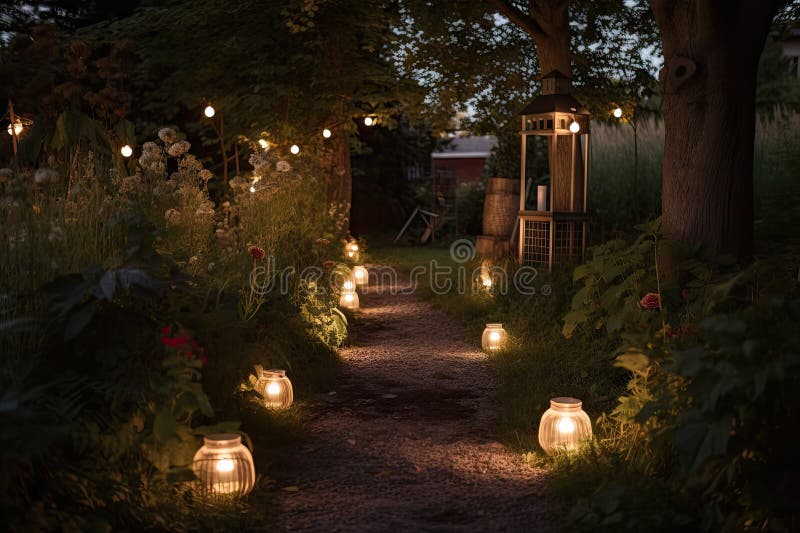 Garden Path Illuminated by Lanterns and String Lights Stock ...