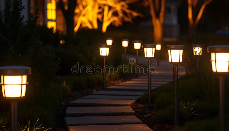 Garden Path Lit with Pathway Lights at Night Generative AI Stock ...