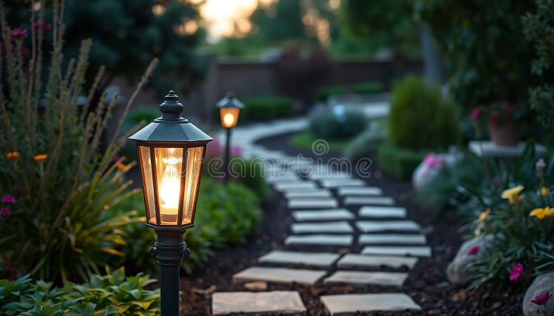 Garden Path with Lantern Lighting, Representing Outdoor Decor and ...