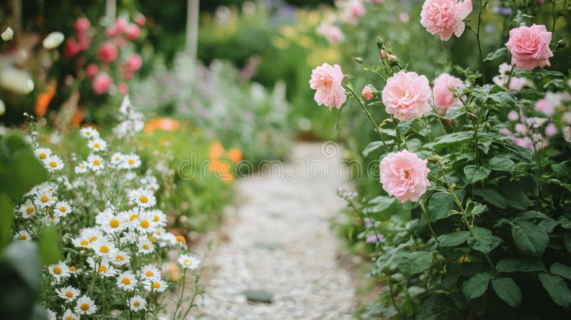 A Garden Path Lined with White Daisies and Pink Roses Stock ...