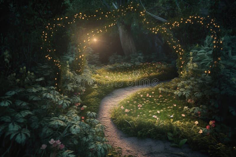 Garden Path in the Park at Night with Light Garland. Generative AI ...