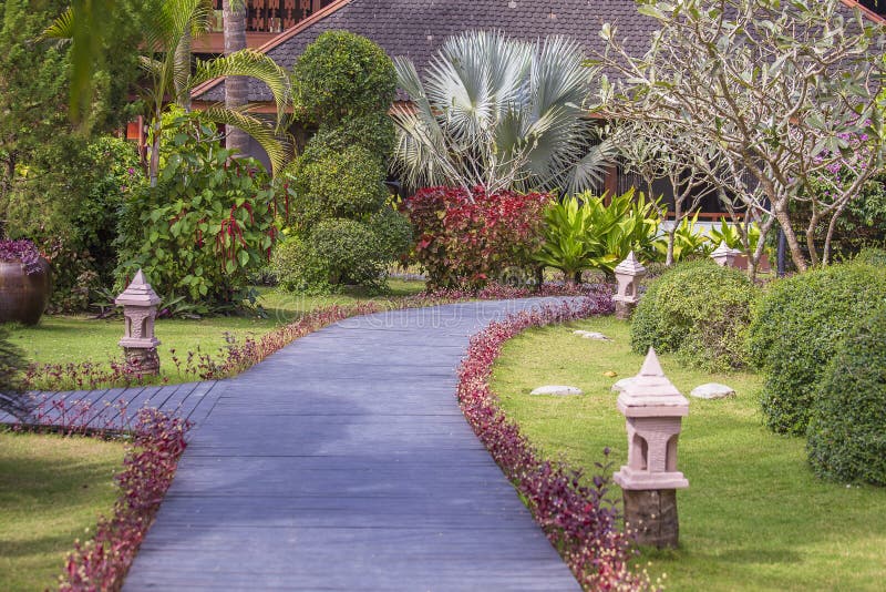 Garden Path in Resort with Trees on Tropical Beach Stock Photo - Image ...