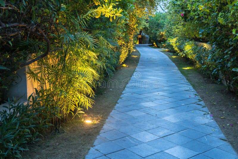 Garden Path in Resort with Warm Light and Trees on Side at Evening ...
