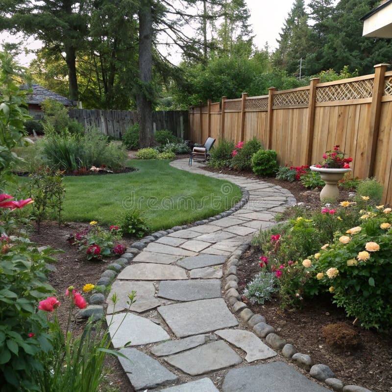 Garden Path. a Stone Path Curves through a Backyard Garden Stock ...