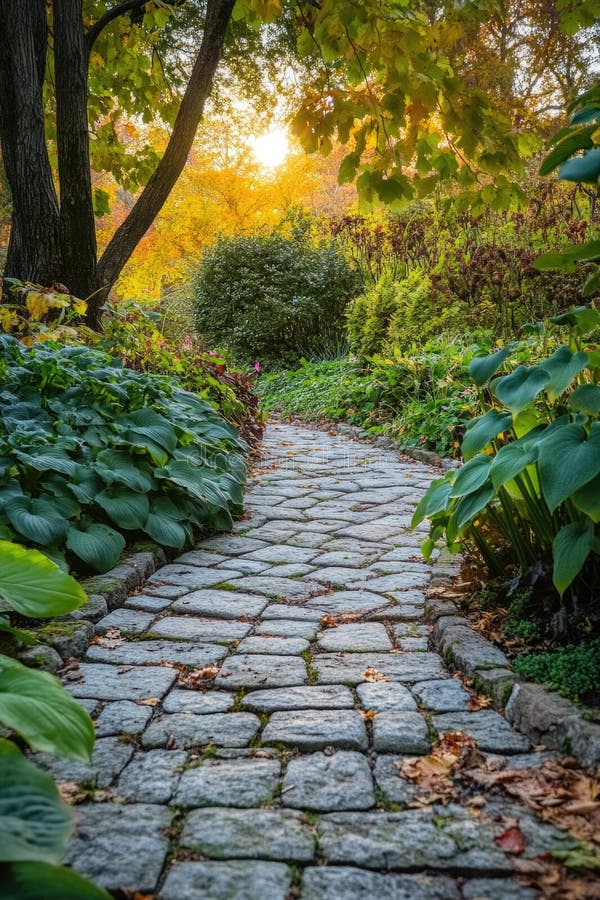 Garden Path at Sunset stock photo. Image of sunbeams - 364525284