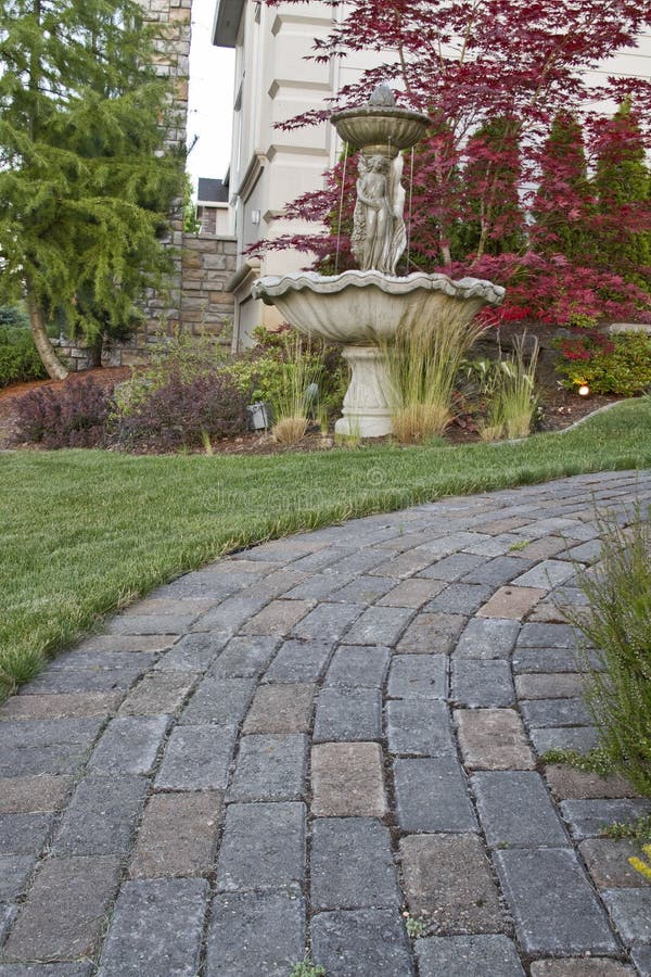 Garden Path with Water Fountain Stock Image - Image of water, lawn ...