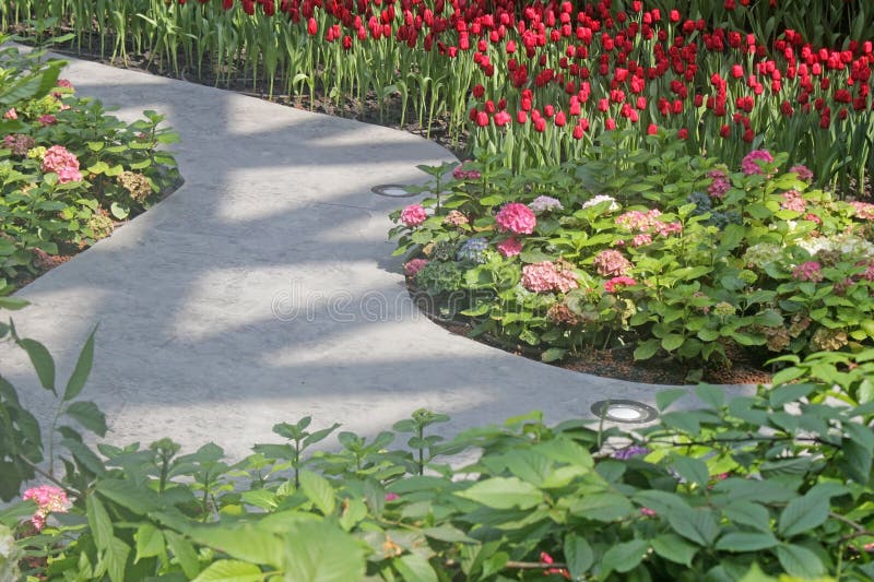 Garden Path Winds through Flower Borders Stock Image - Image of tulips ...