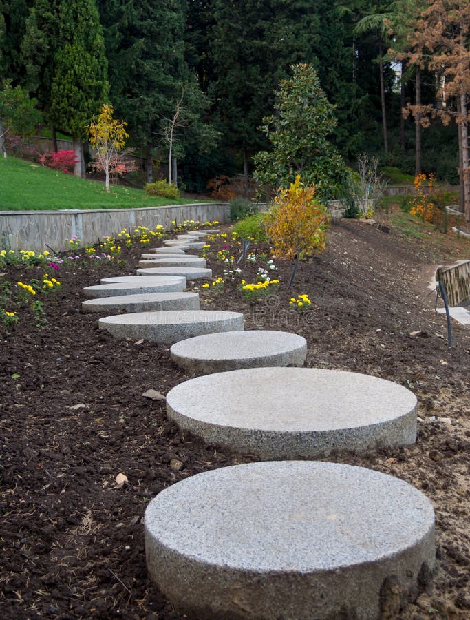 Garden Paths Made of Circular Stone Slabs Stock Photo - Image of ...