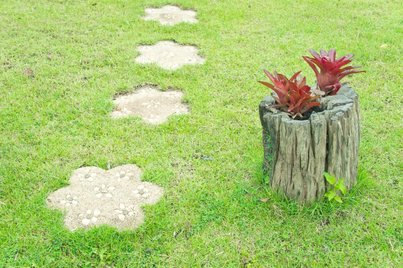 Garden Landscape Design with Pathway Intersecting Bright Green Lawns ...